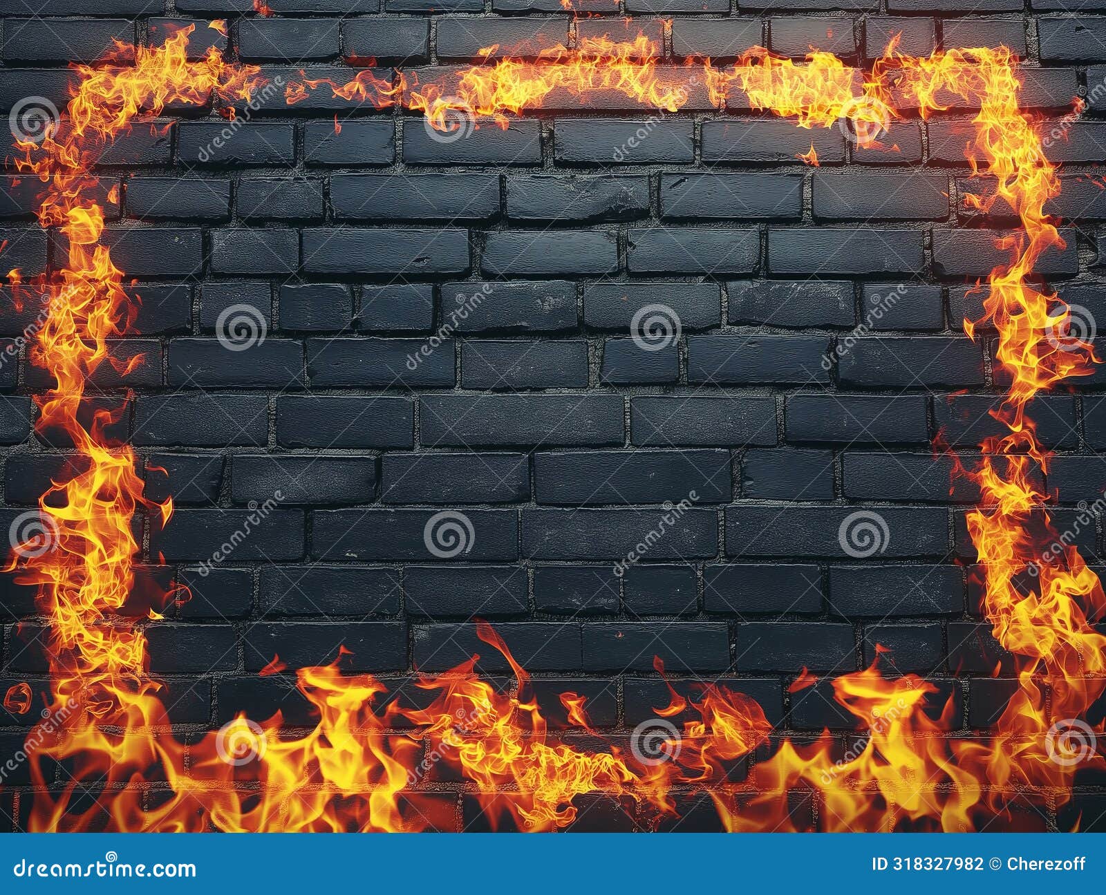 Flaming Barrier on Dark Brick Wall Stock Photo - Image of danger, fire ...