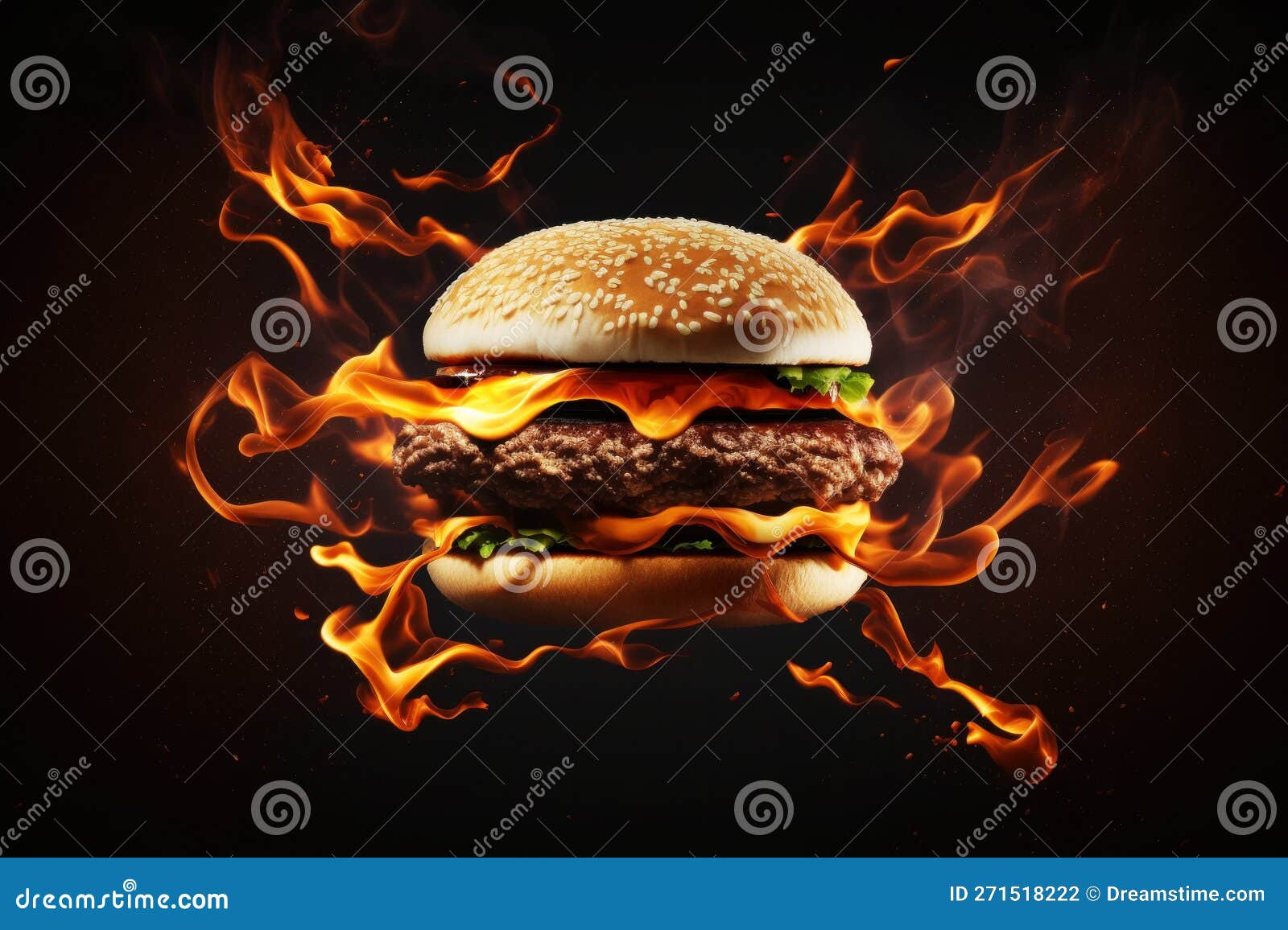 A Flaming Beef Burger in a Bun Flying on a Dark Background. Generative ...