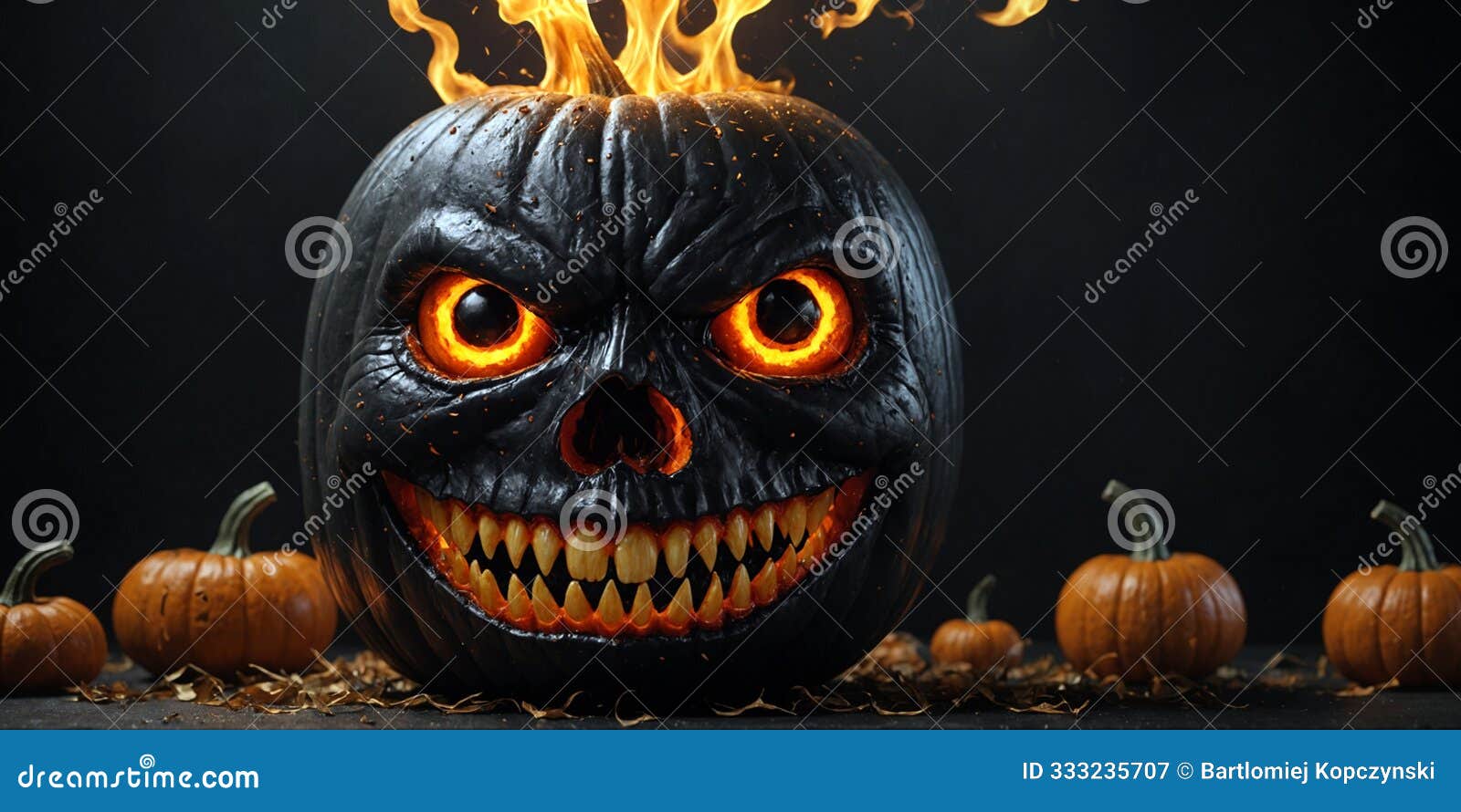 A Flaming Black Pumpkin Head with a Terrifying Smile and Sharp White ...
