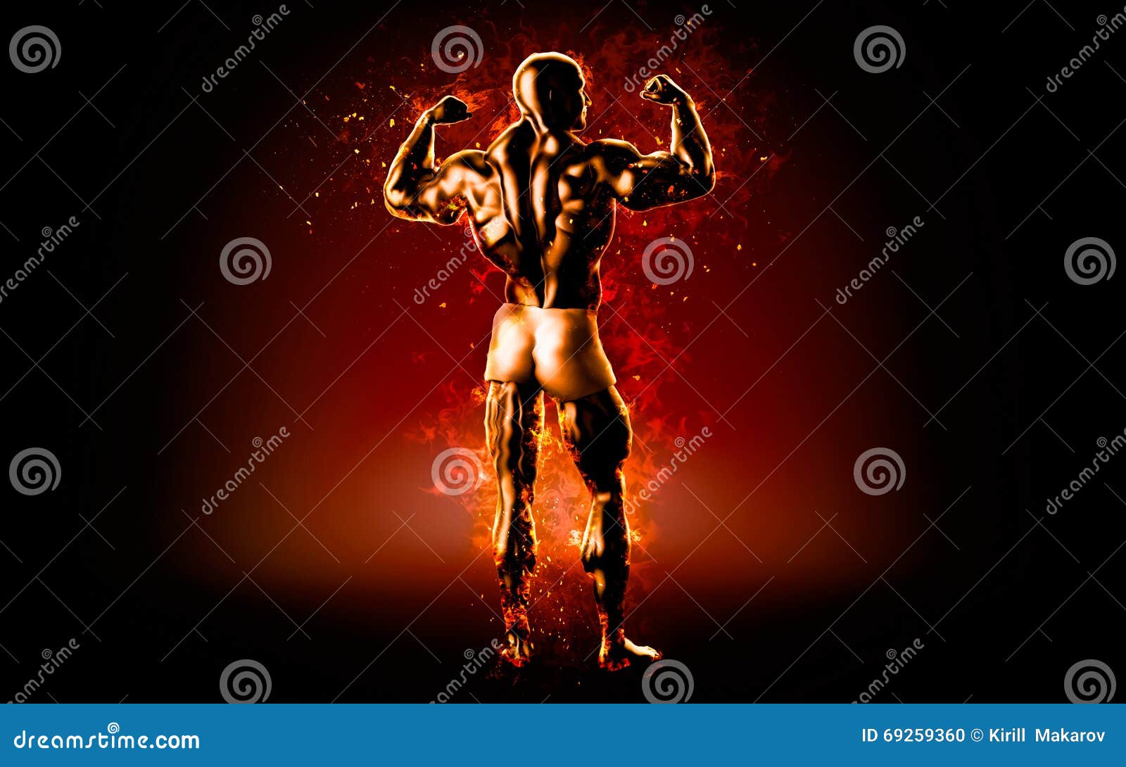 Flaming Bodybuilder Posing Over Black Background. 3D Illustration Stock ...