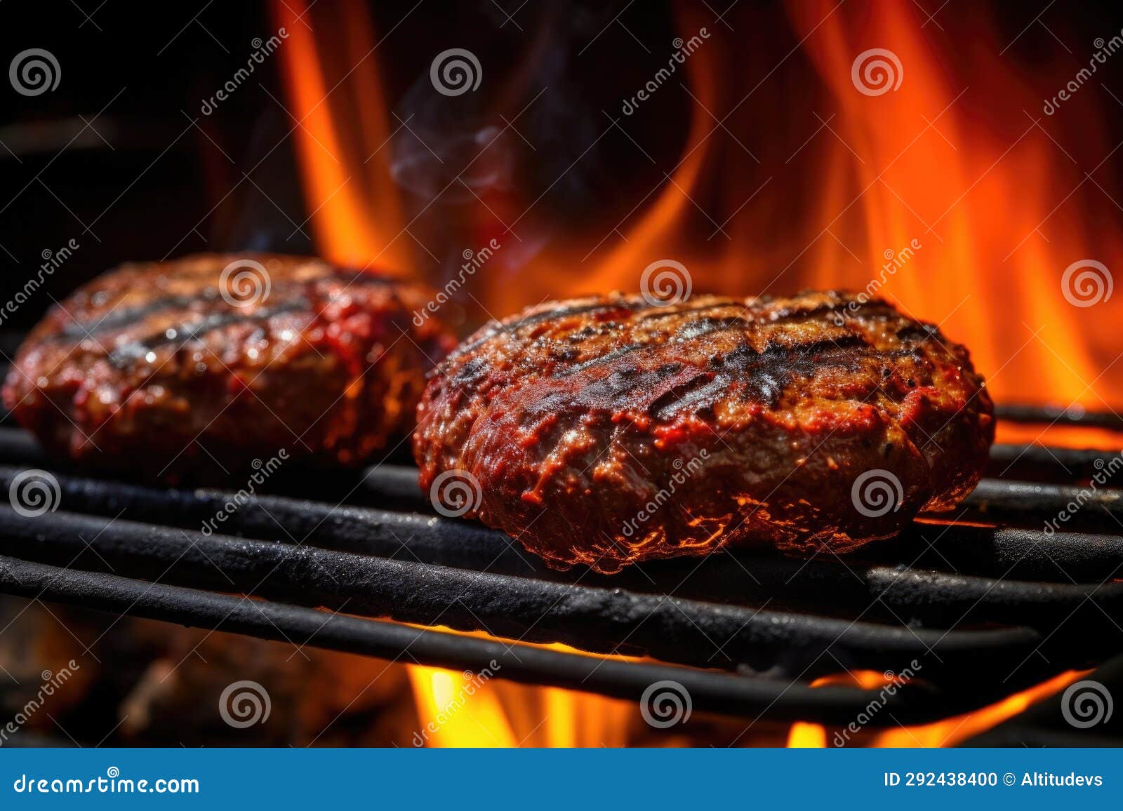 Flaming Burger Patties Lit by a Grill Light Stock Photo - Image of ...