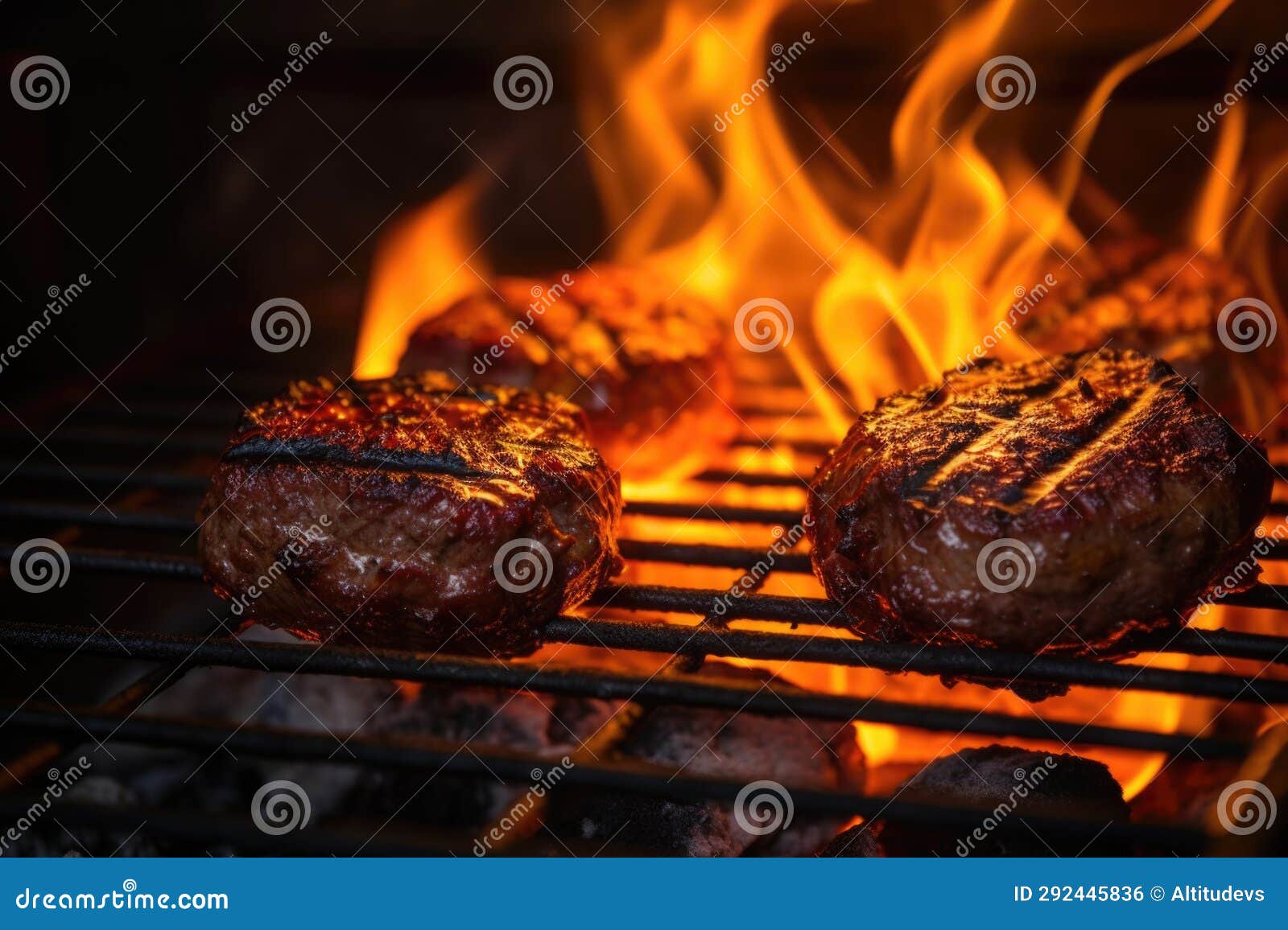 Flaming Burger Patties Lit by a Grill Light Stock Photo - Image of ...