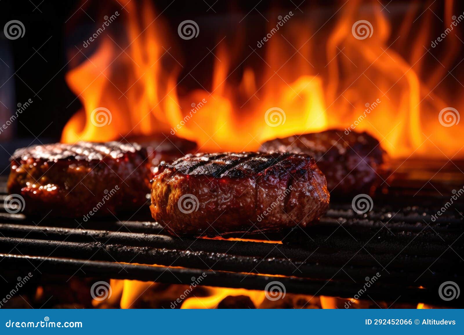 Flaming Burger Patties Lit by a Grill Light Stock Photo - Image of ...