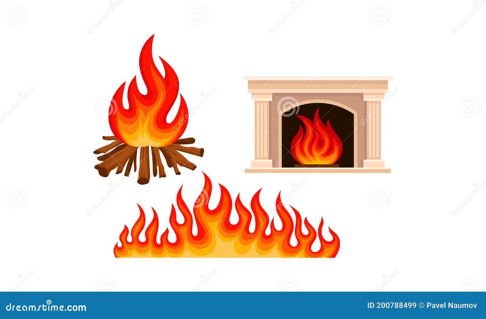 Flaming and Burning Objects with Campfire and Fireplace Vector Set ...