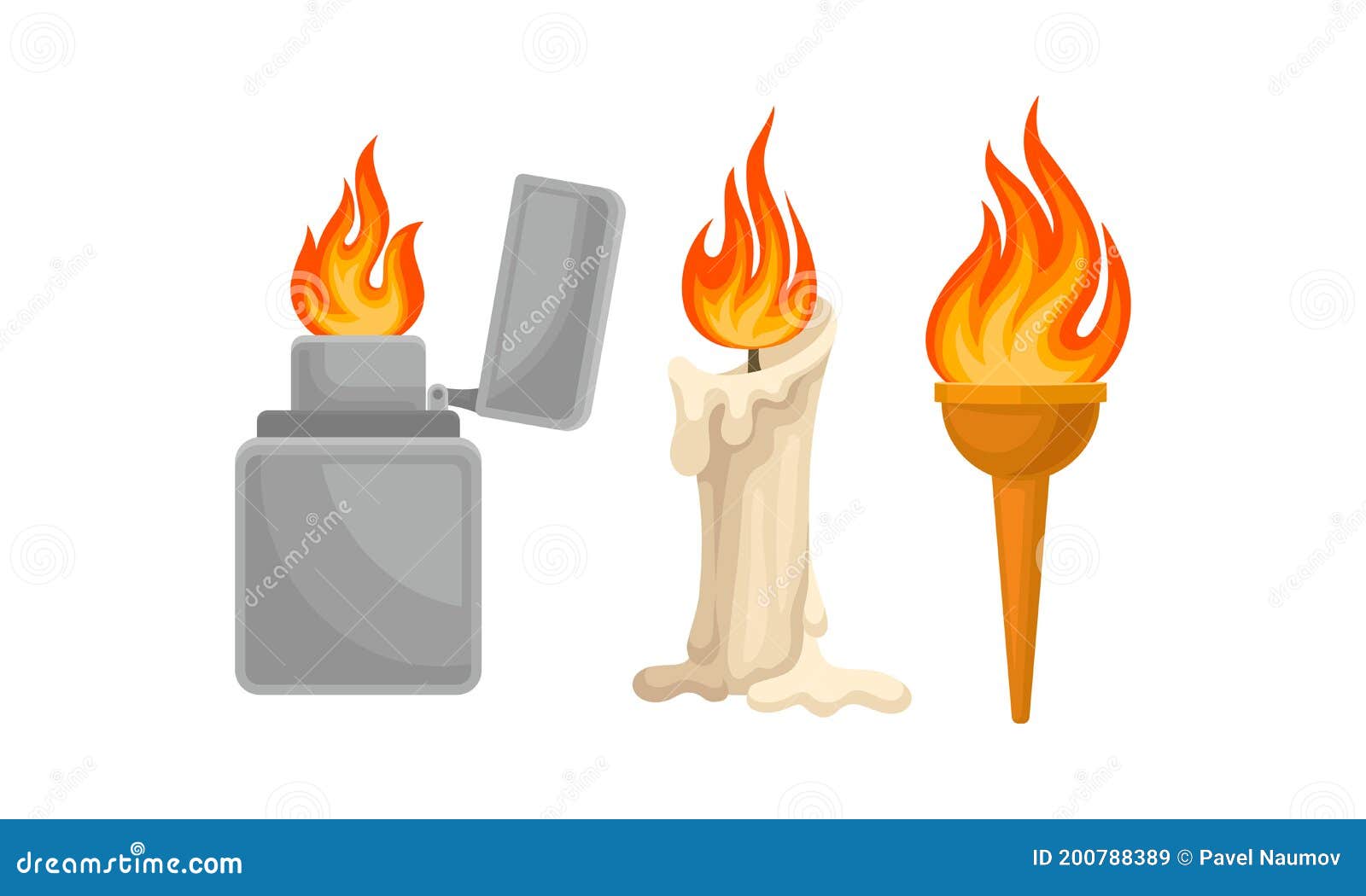 Flaming and Burning Objects with Cigar Lighter and Candle Vector Set ...