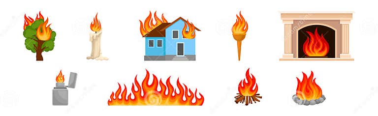 Flaming and Burning Objects with House and Tree on Fire Vector Set ...