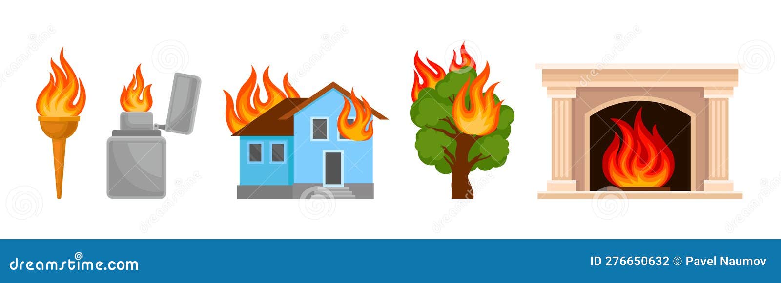 Flaming and Burning Objects with House and Tree on Fire Vector Set ...