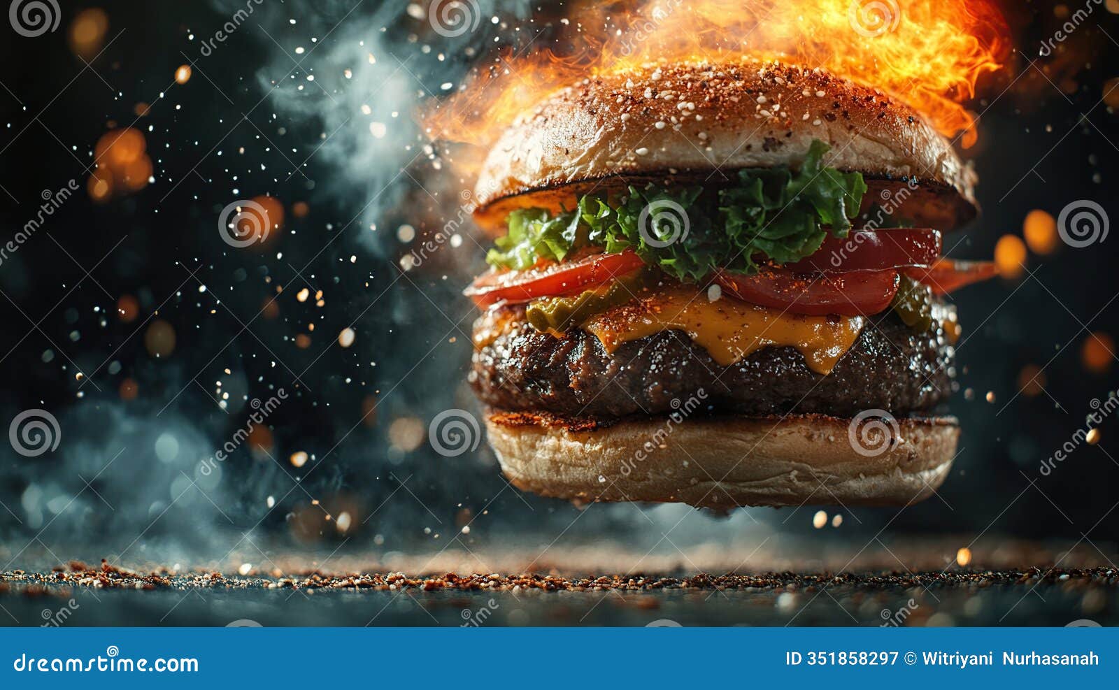 Flaming Cheeseburger in Mid-air with Smoke and Sparks Stock ...
