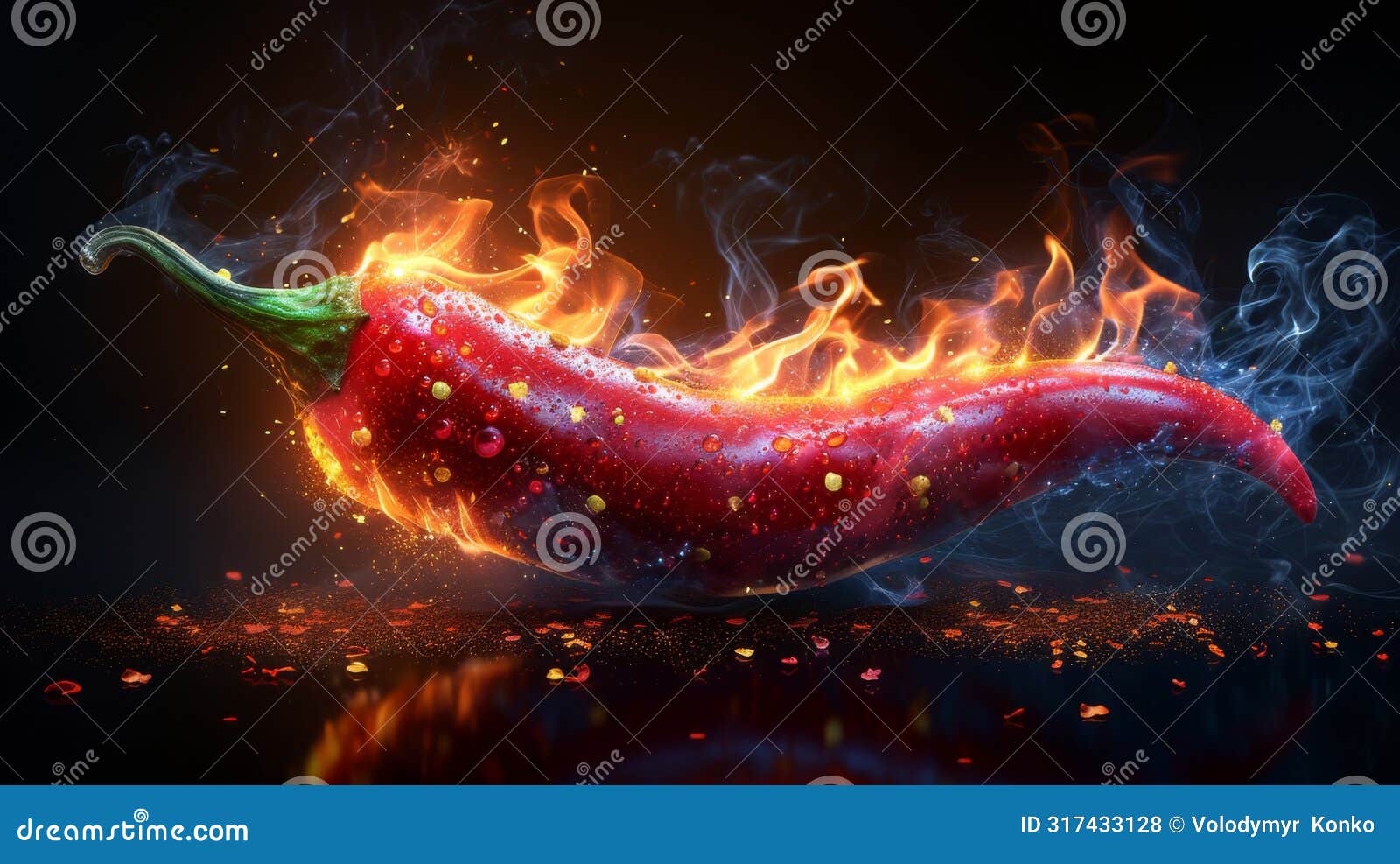 Flaming Chili Pepper with Sparks and Smoke on a Dark Background Stock ...