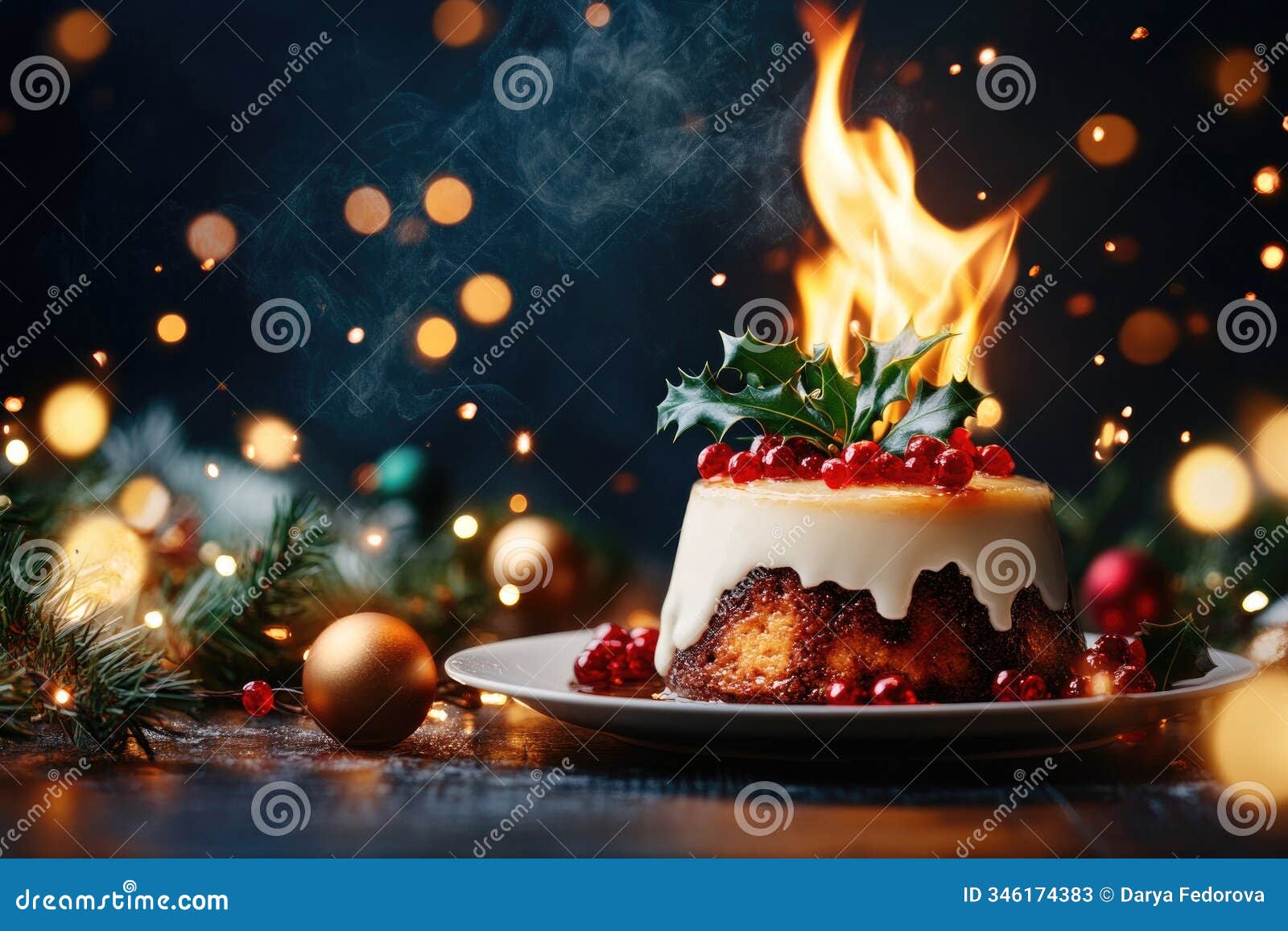 Flaming Christmas Pudding with Holly and Bokeh Lights Stock Image ...