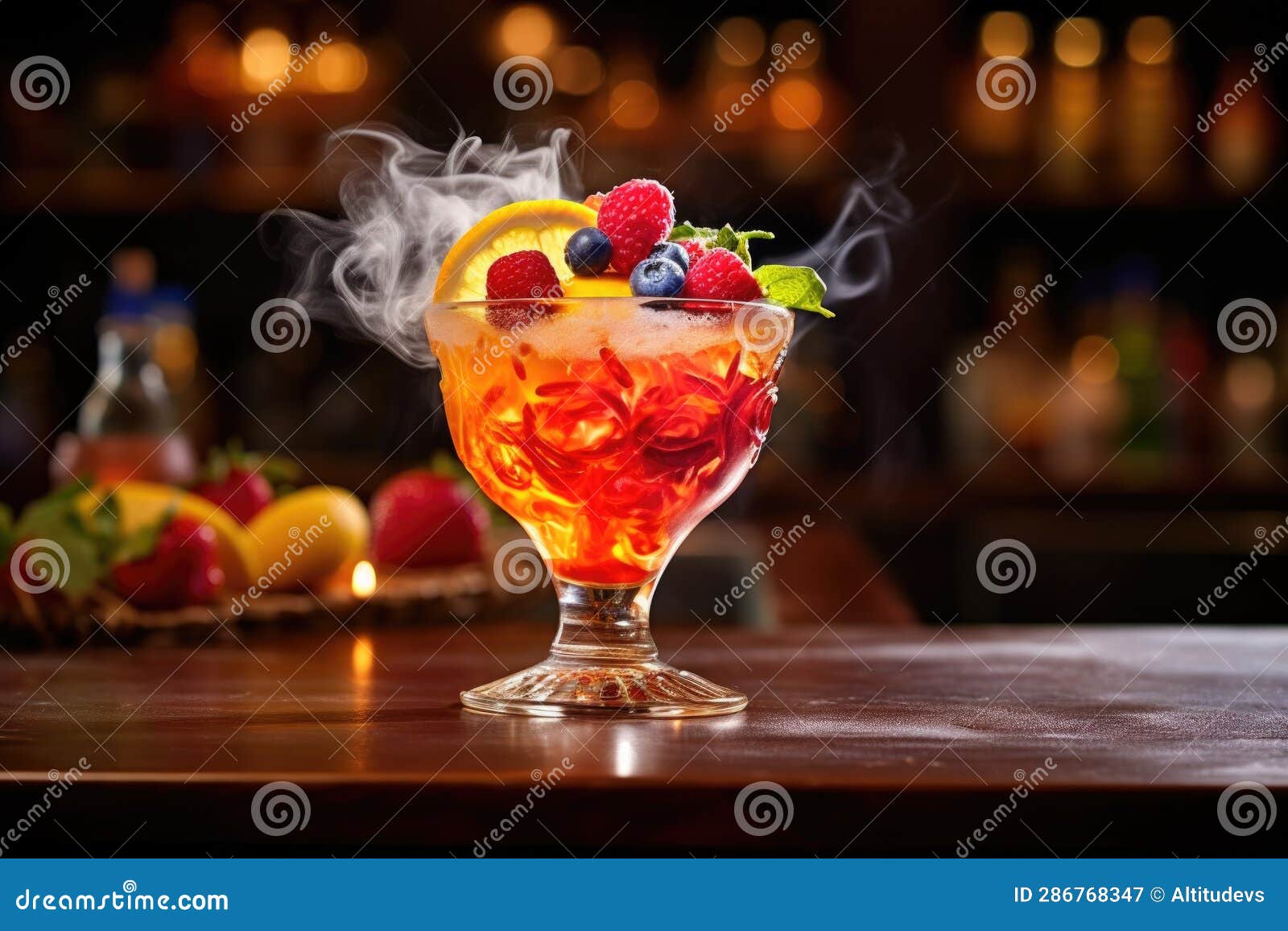 Flaming Cocktail with Fruit Garnish on Bar Counter Stock Image - Image ...