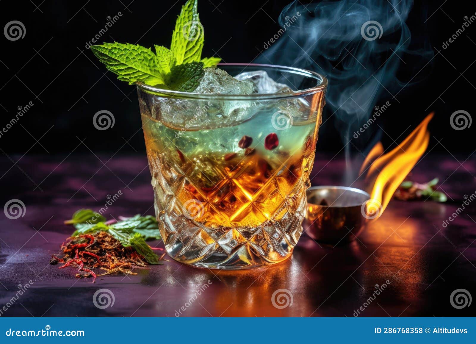 Flaming Cocktail with Ice Cubes and Mint Leaves Stock Photo - Image of ...