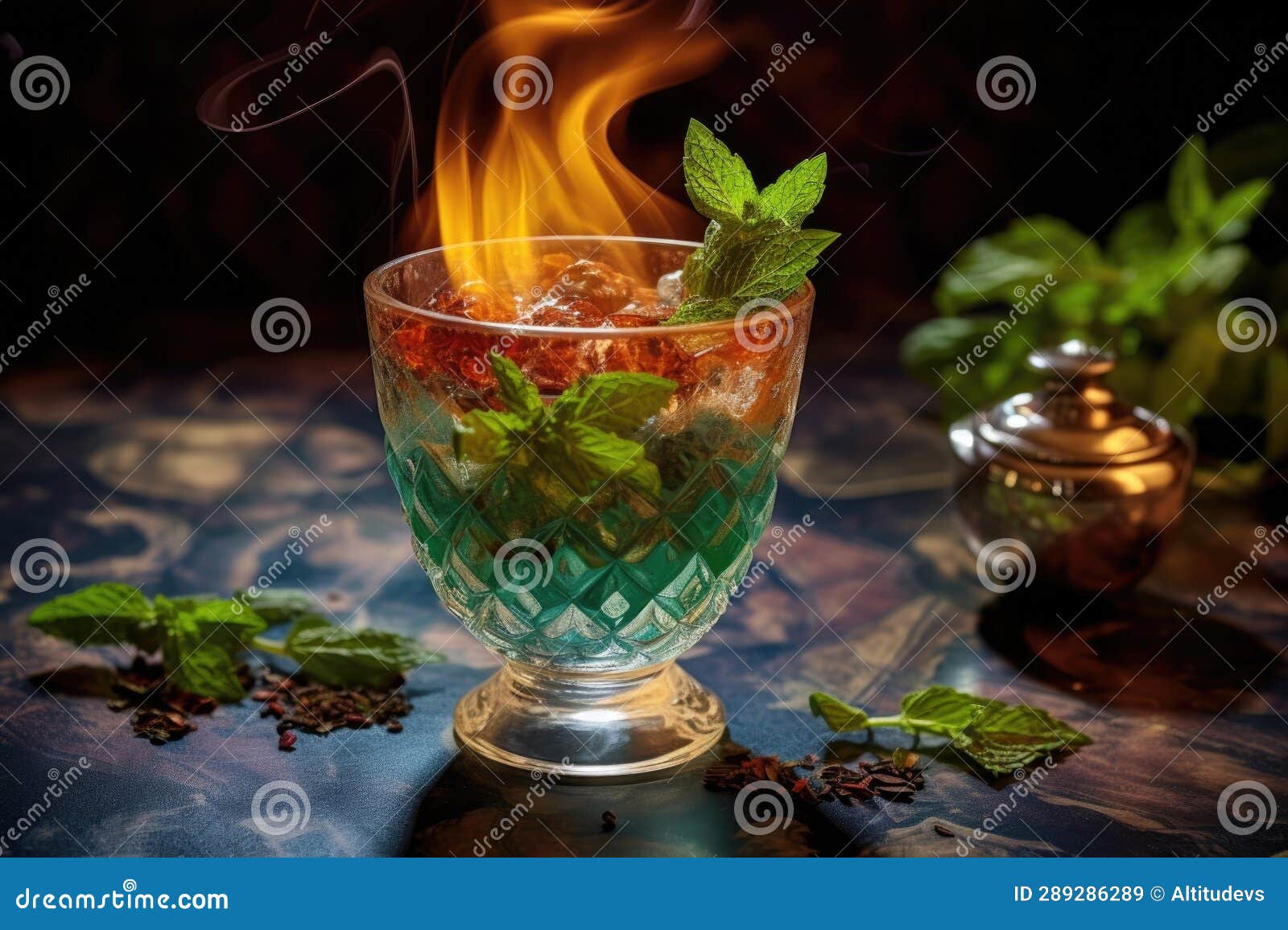 Flaming Cocktail with Ice Cubes and Mint Leaves Stock Image - Image of ...