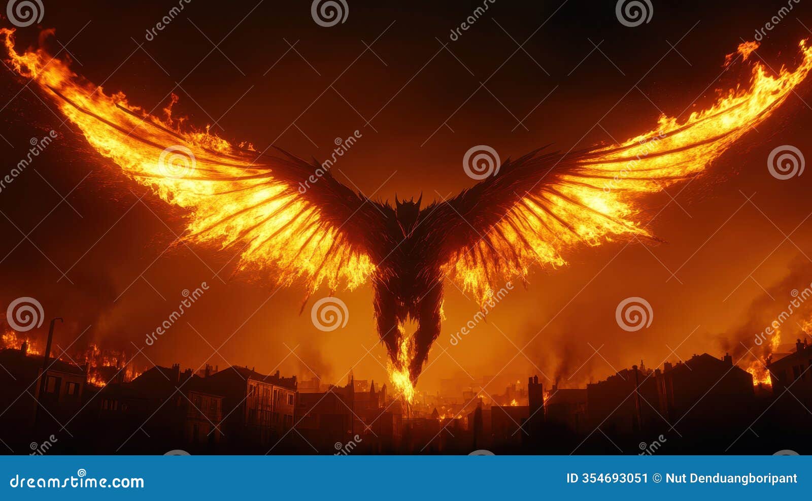 Flaming Creature with Wings Soaring Over Burning Cityscape Stock ...