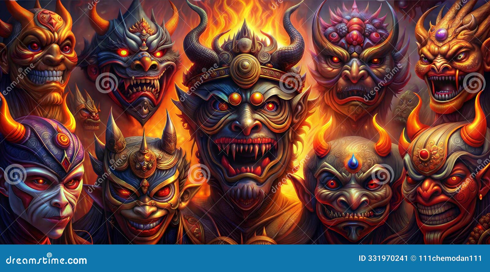 Flaming Demon Face on Fire Background. 3D Illustration Stock ...