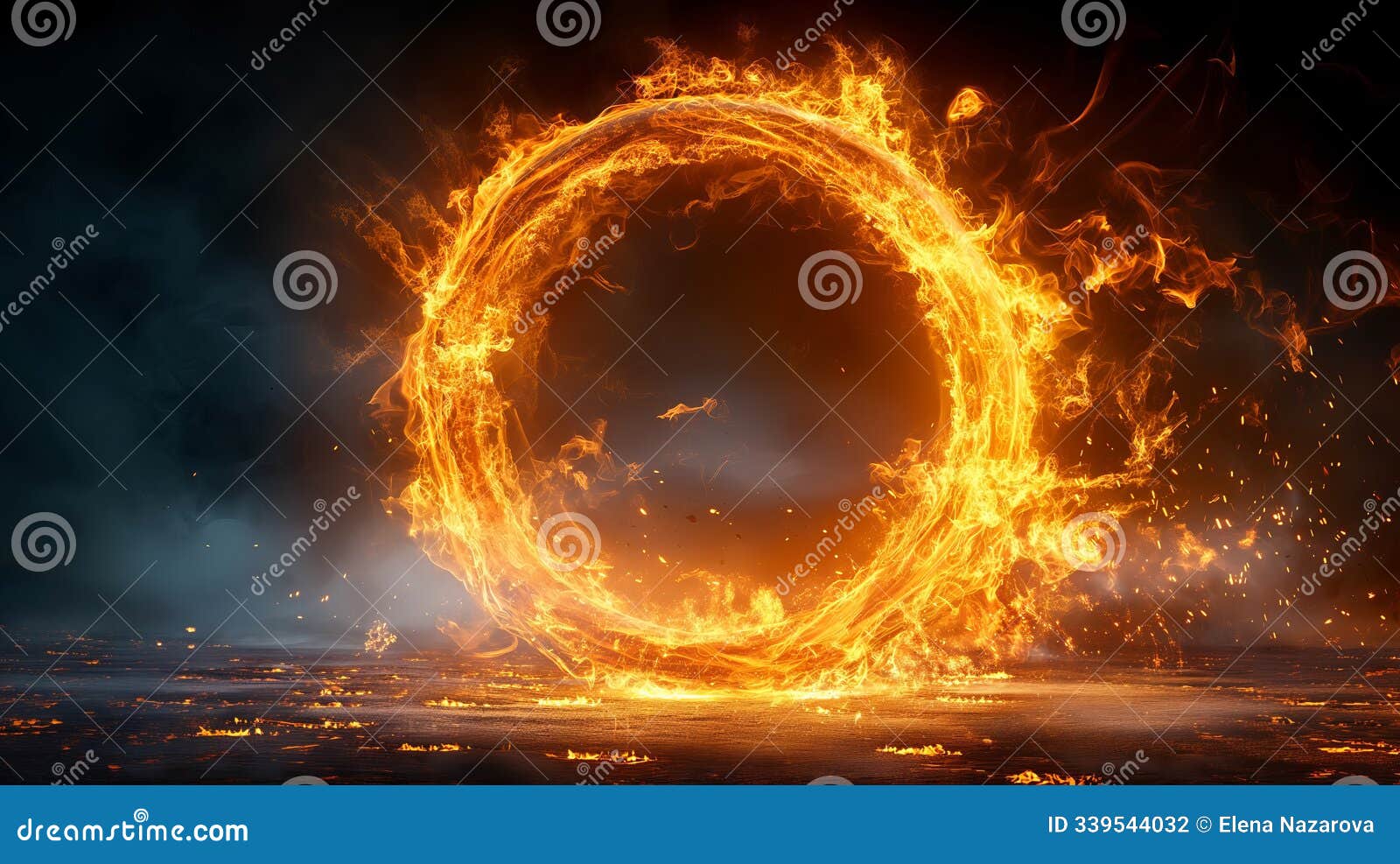 Flaming Fire Ring Frame with Smoke on Dark Background Stock Photo ...