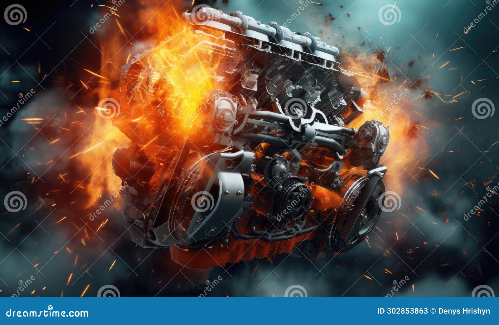 Flaming Fury: a Blazing Car Engine Ignited in Smoke and Flames Stock ...