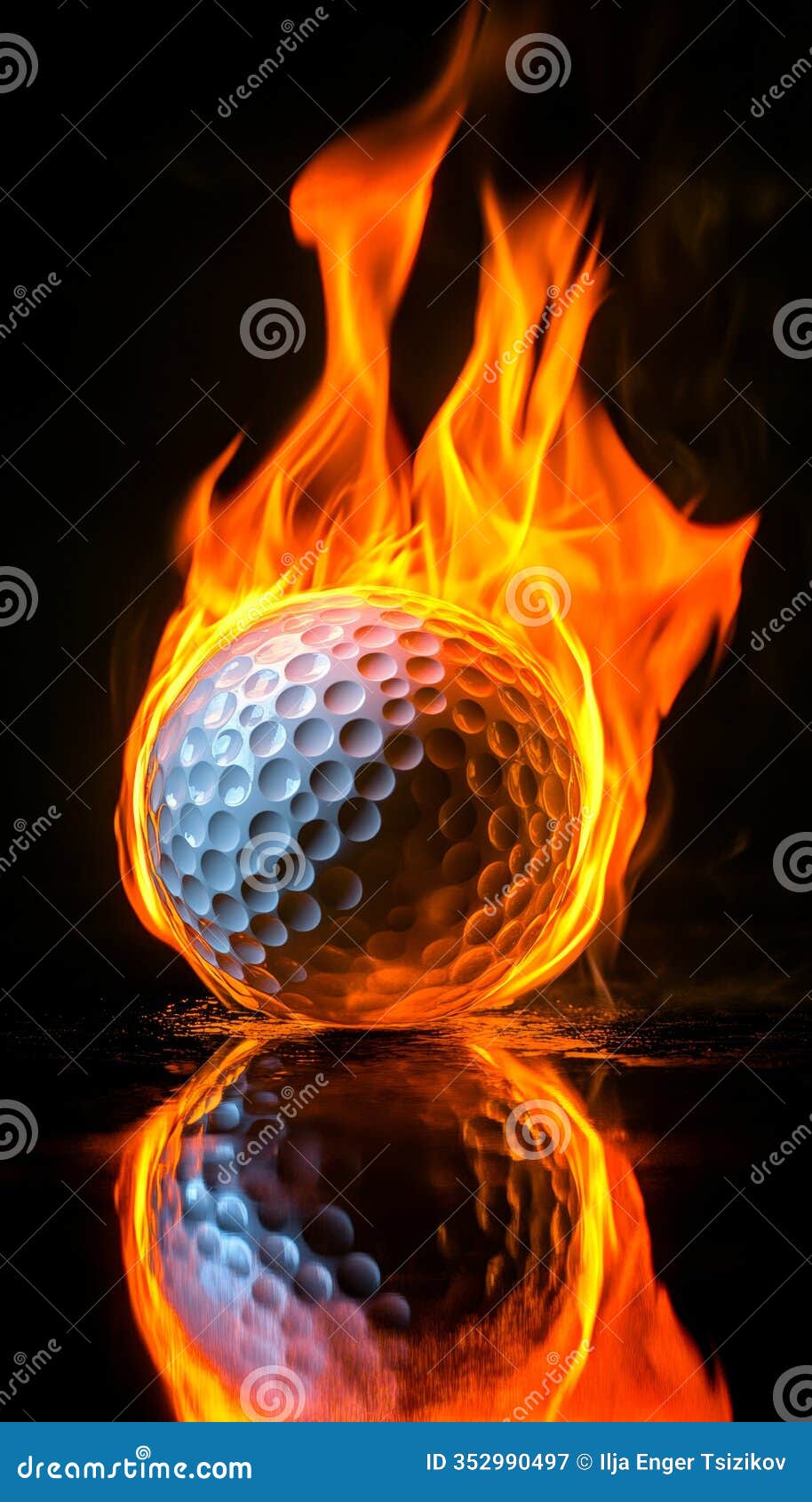 Flaming Golf Ball Golf Ball Engulfed in Vibrant Flames on a Reflective ...