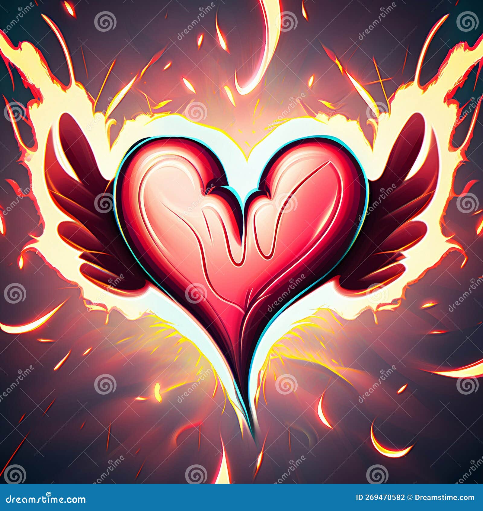 Flaming heart with wings stock illustration. Illustration of elements ...