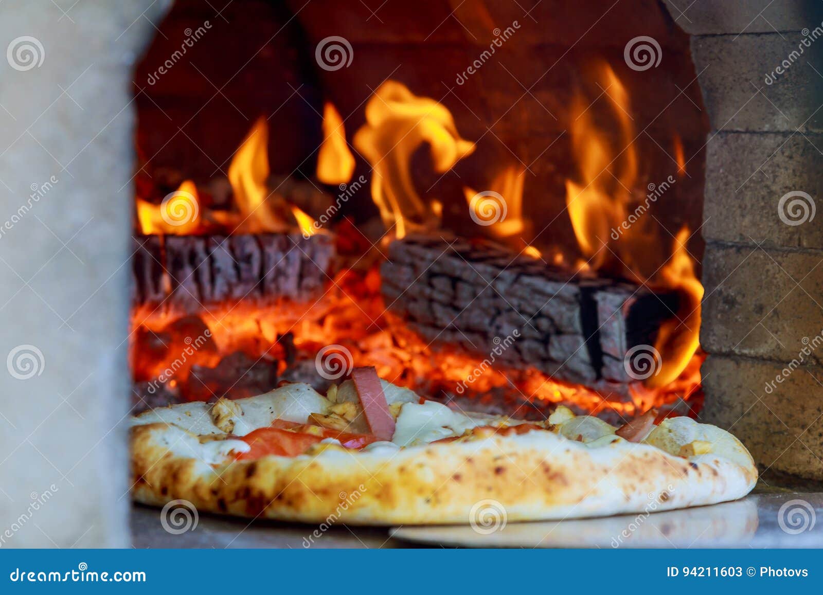 Flaming Hot Wood Fired Pizza Baking Oven Stock Image - Image of tasty ...