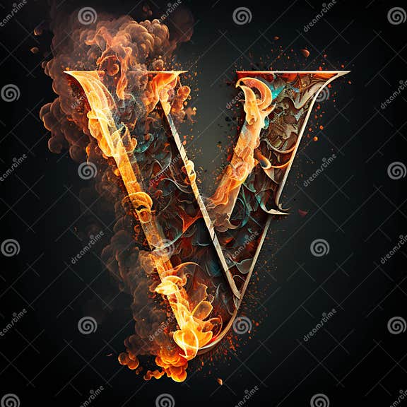 Flaming Letter V in the Style of Fire on a Black Background Stock ...
