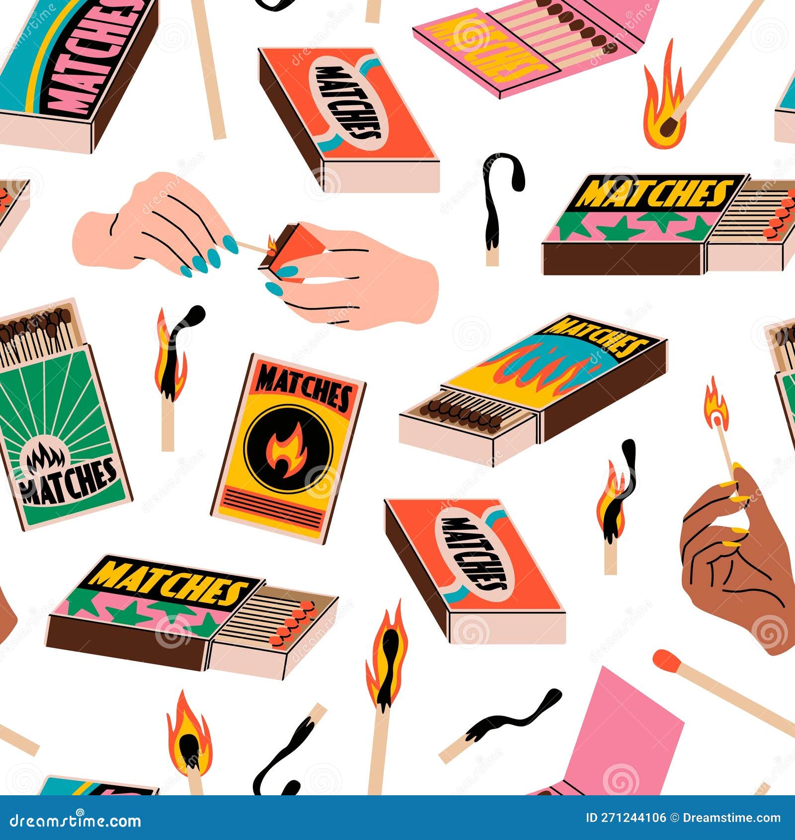 Flaming Matches Seamless Pattern. Hands Strike Spark about Boxes ...