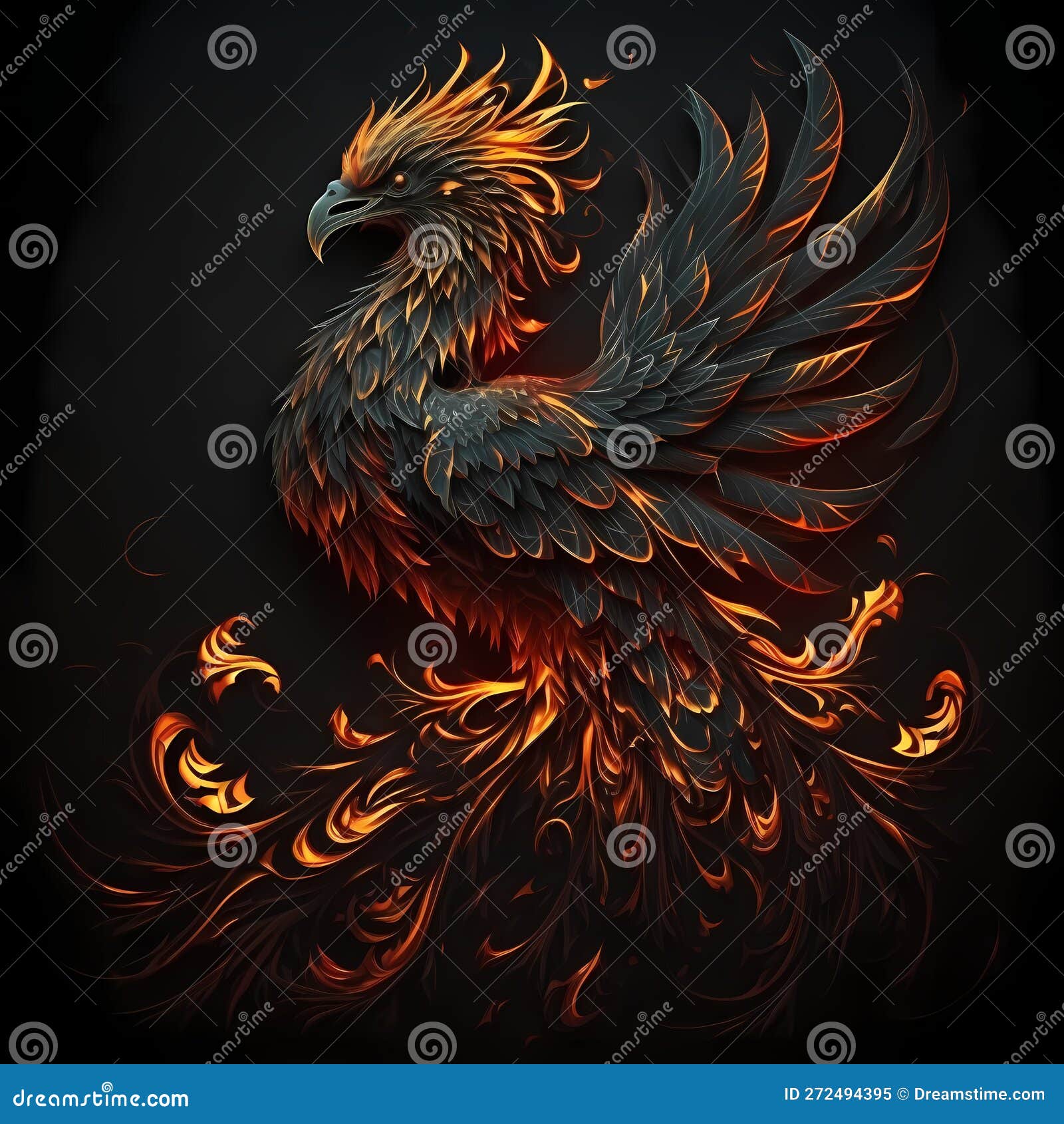 Flaming Phoenix Bird With Wide Spread Wings In The Orange Fire Colors ...