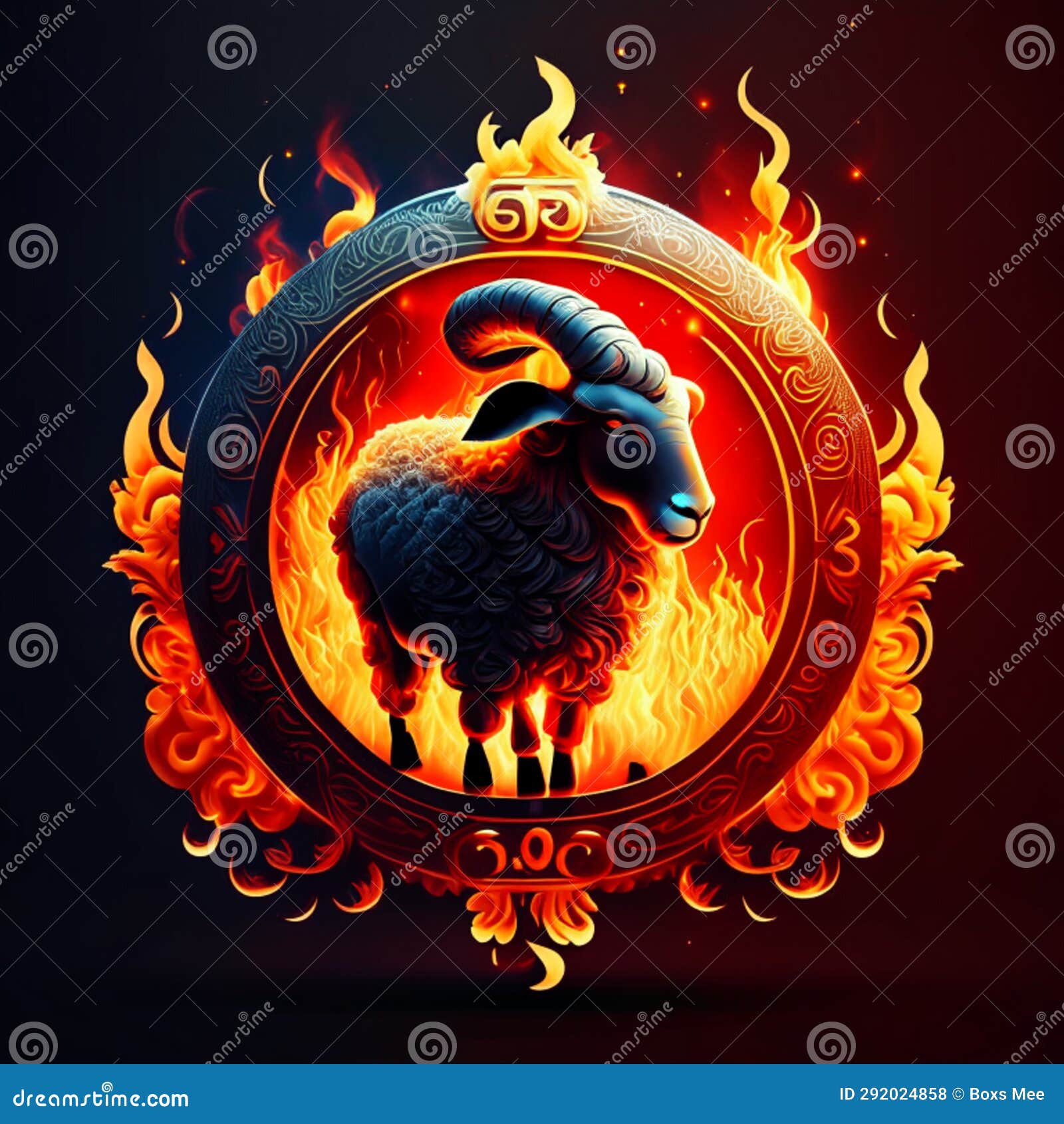 Flaming Ram in a Circle of Fire on a Black Background Generative AI ...