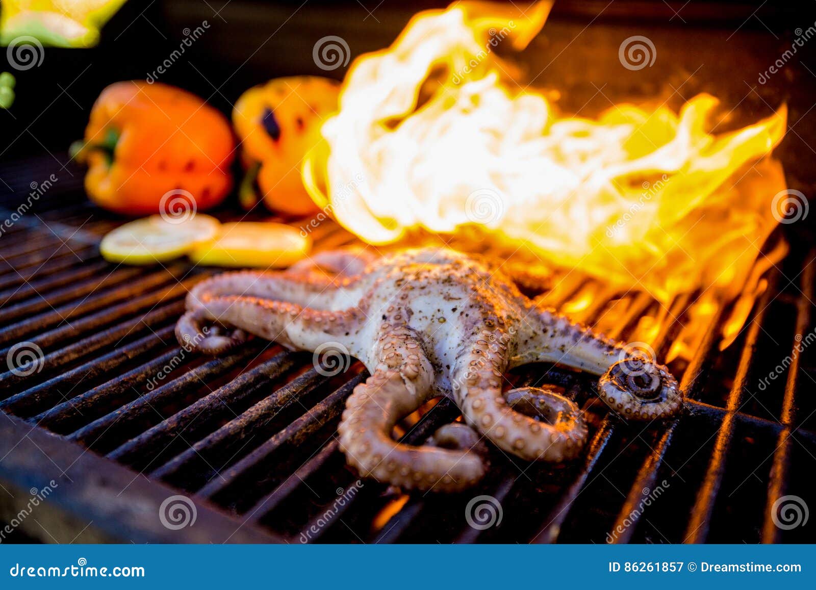 Flaming Seafood stock image. Image of flame, fish, food - 86261857