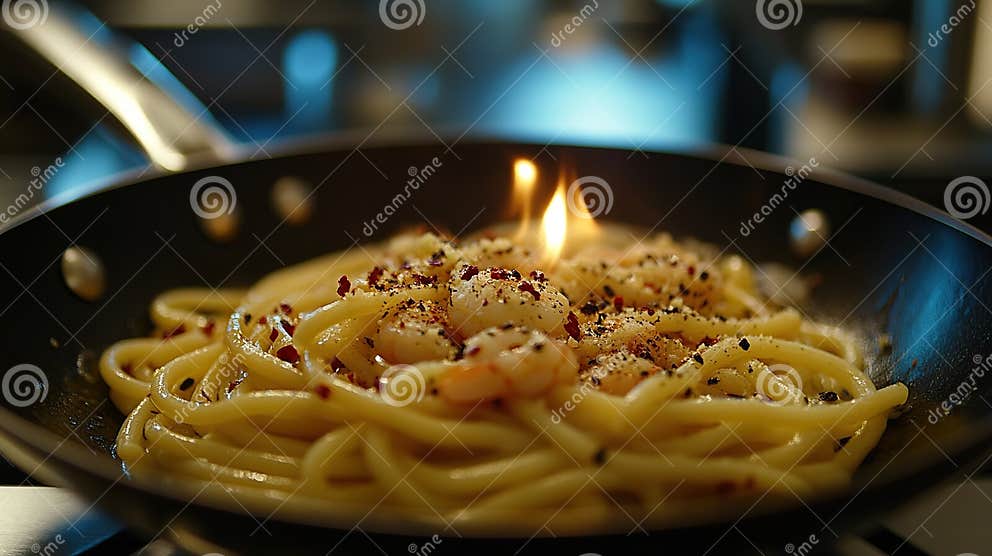 Flaming Shrimp Pasta Dish, Kitchen Setting Stock Illustration ...