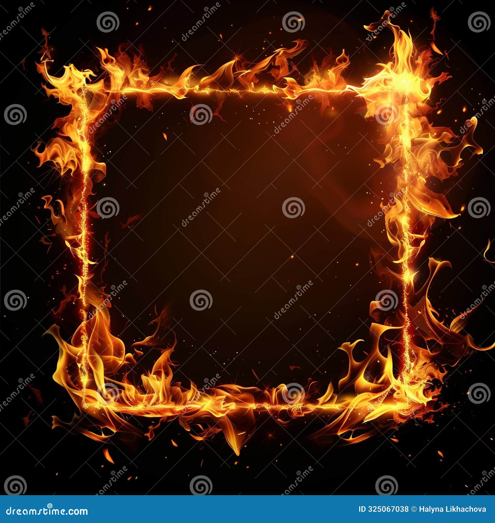 Flaming Square Frame on Black Background. Fiery Border with Realistic ...