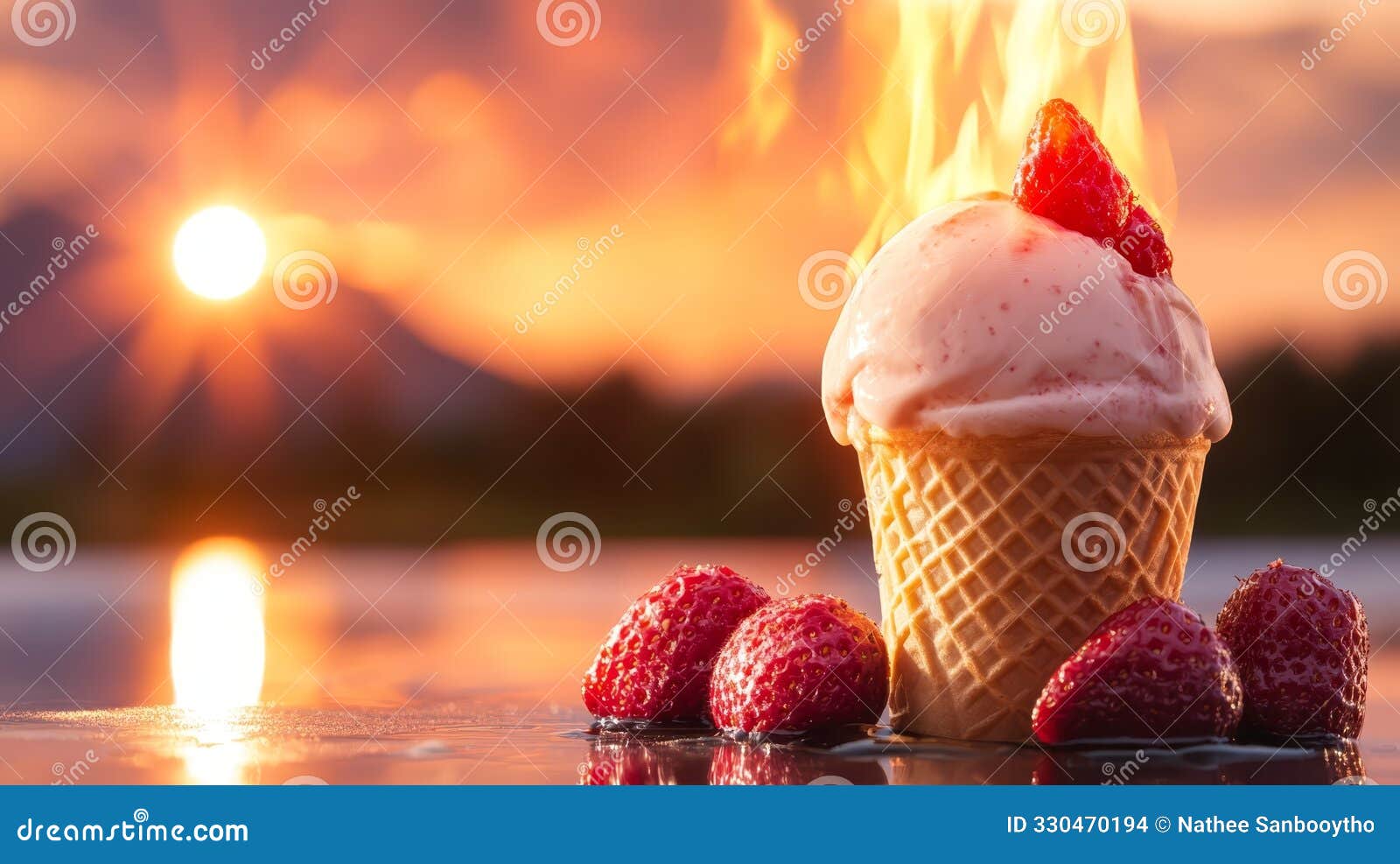 Flaming Strawberry Ice Cream Cone at Sunset Stock Illustration ...