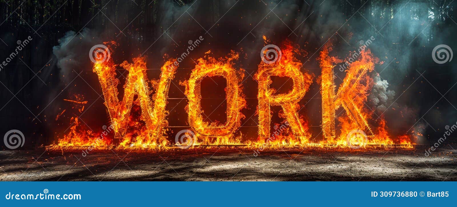 Flaming Text Reading WORK Ablaze In Fiery Orange Flames, Symbolizing ...