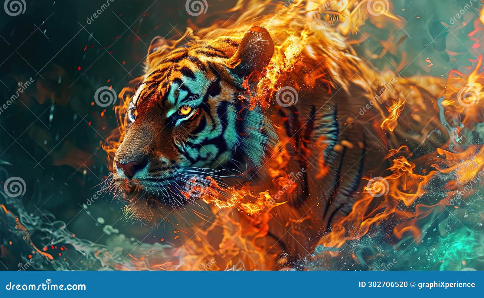 Flaming Tiger Stylized Art stock illustration. Illustration of head ...