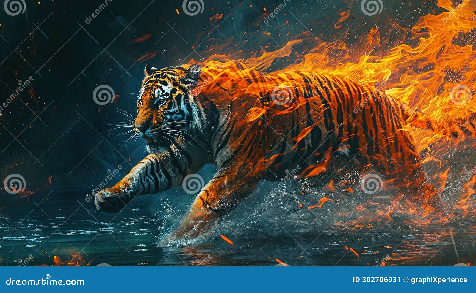 Flaming Tiger Stylized Art stock illustration. Illustration of head ...
