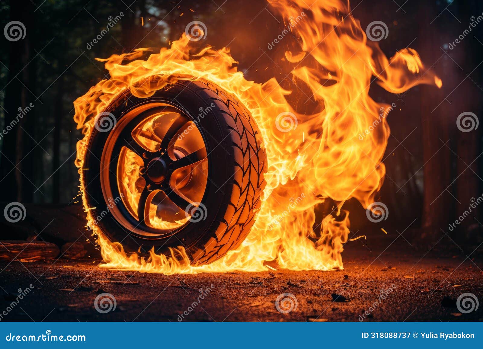 Flaming Tire in Dark Forest Stock Image - Image of environment, burnt ...
