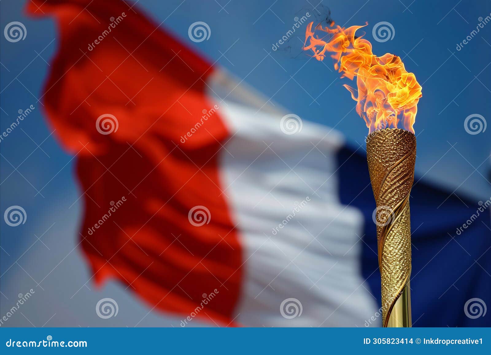 Flaming Torch in Front of the French Flag Stock Photo - Image of event ...