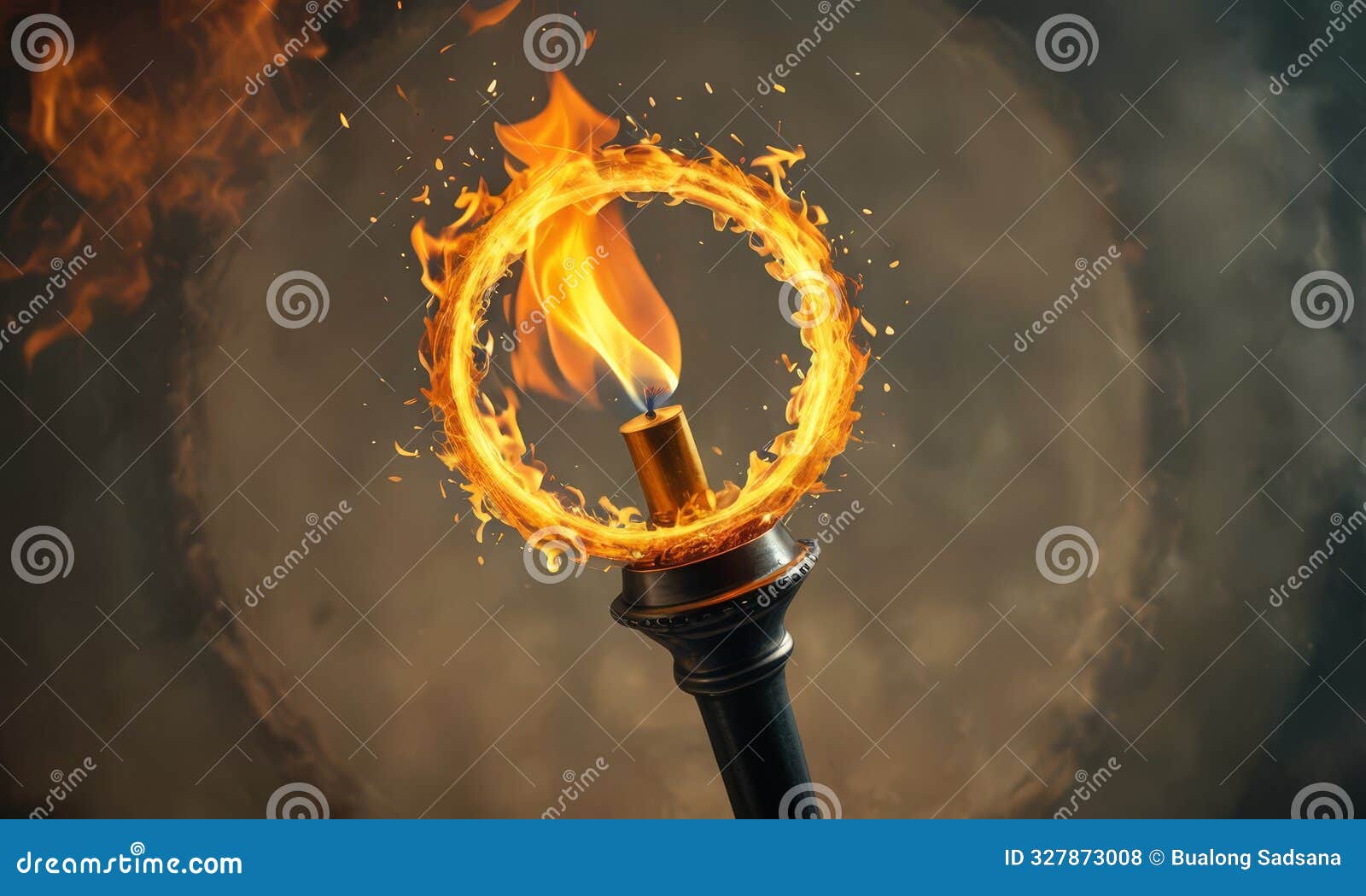 Flaming Torch with Ring Fire Encircles it, Set Against Dark Background ...
