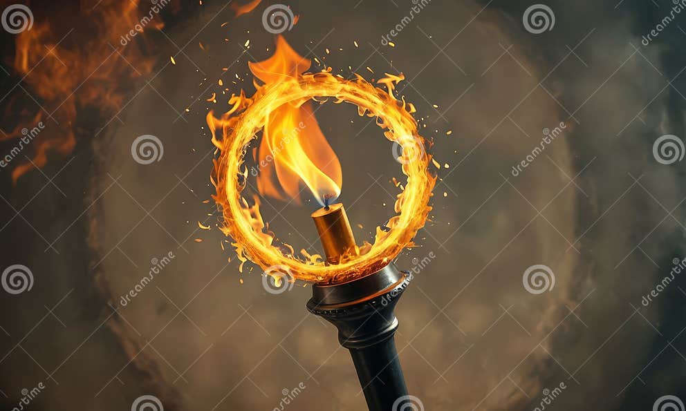 Flaming Torch with Ring Fire Encircles it, Set Against Dark Background ...
