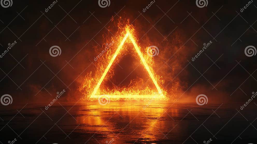 Burning Fire Triangle Reflecting on Wet Ground at Night Stock Photo ...