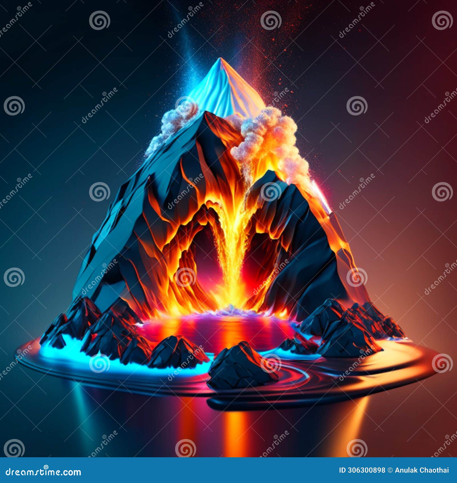 Flaming Volcano on Dark Background. 3d Rendering, Illustration Stock ...