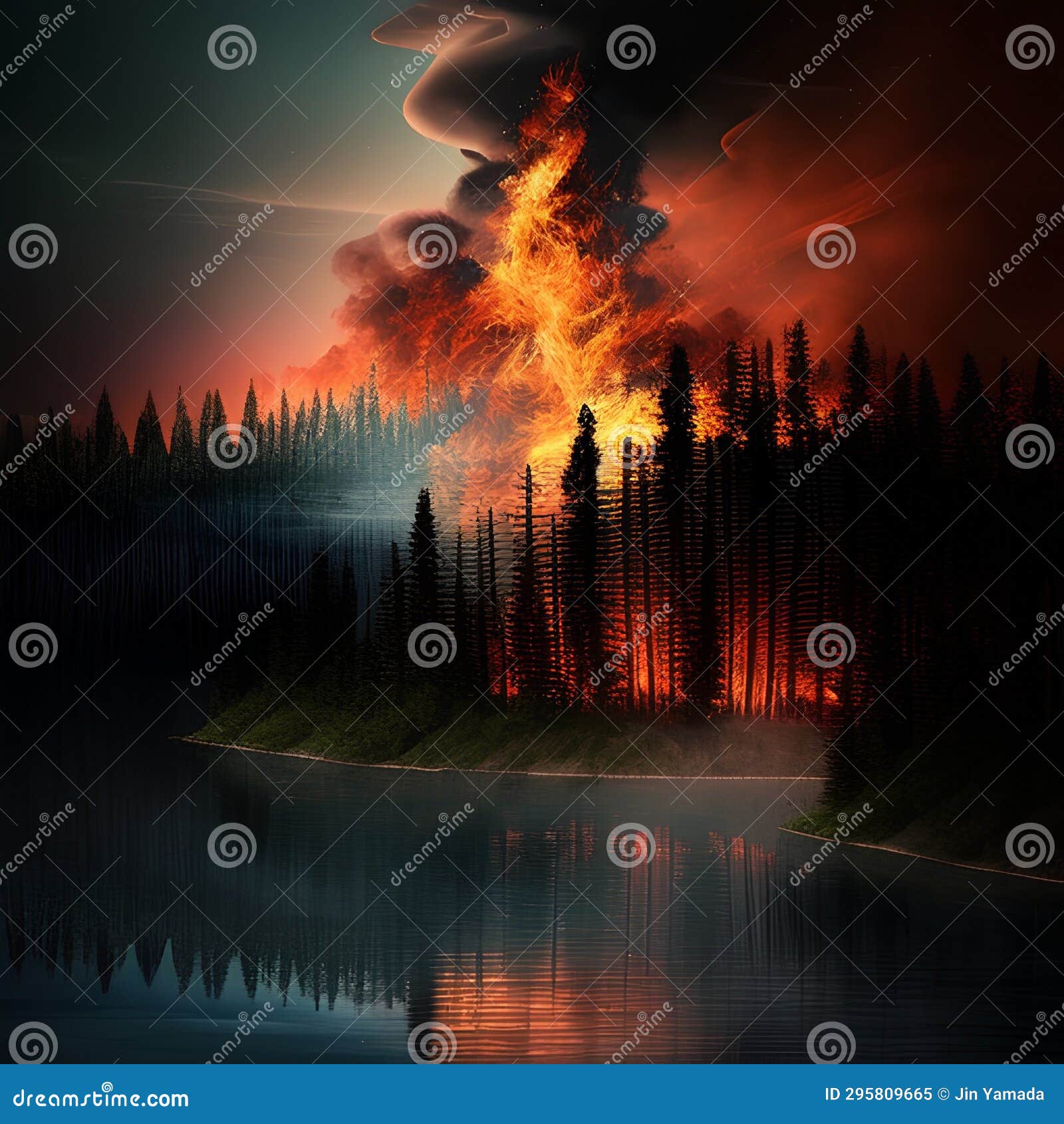 Flaming Volcano in the Forest at Night. 3D Rendering Stock Illustration ...