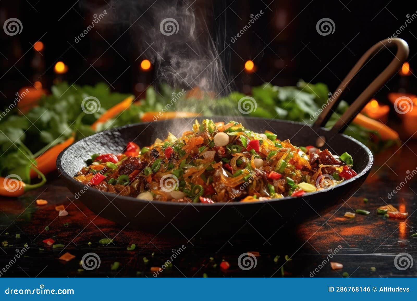 Flaming Wok with Colorful Spices and Herbs Stock Photo - Image of ...