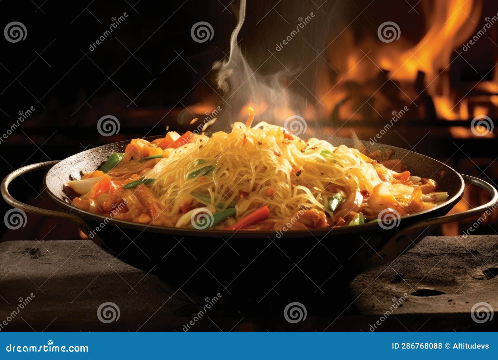 Flaming Wok with Stir-fried Vegetables and Noodles Stock Photo - Image ...