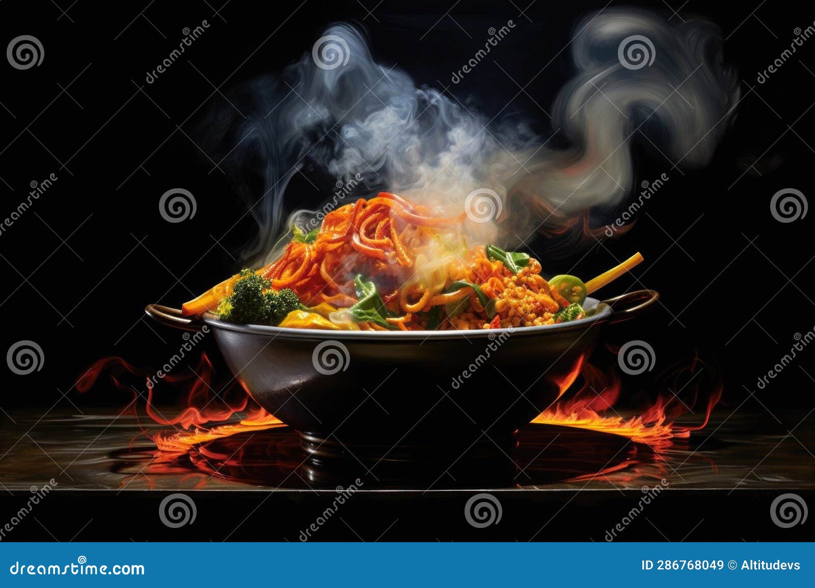 Flaming Wok with Swirling Smoke and Steam Stock Image - Image of ...