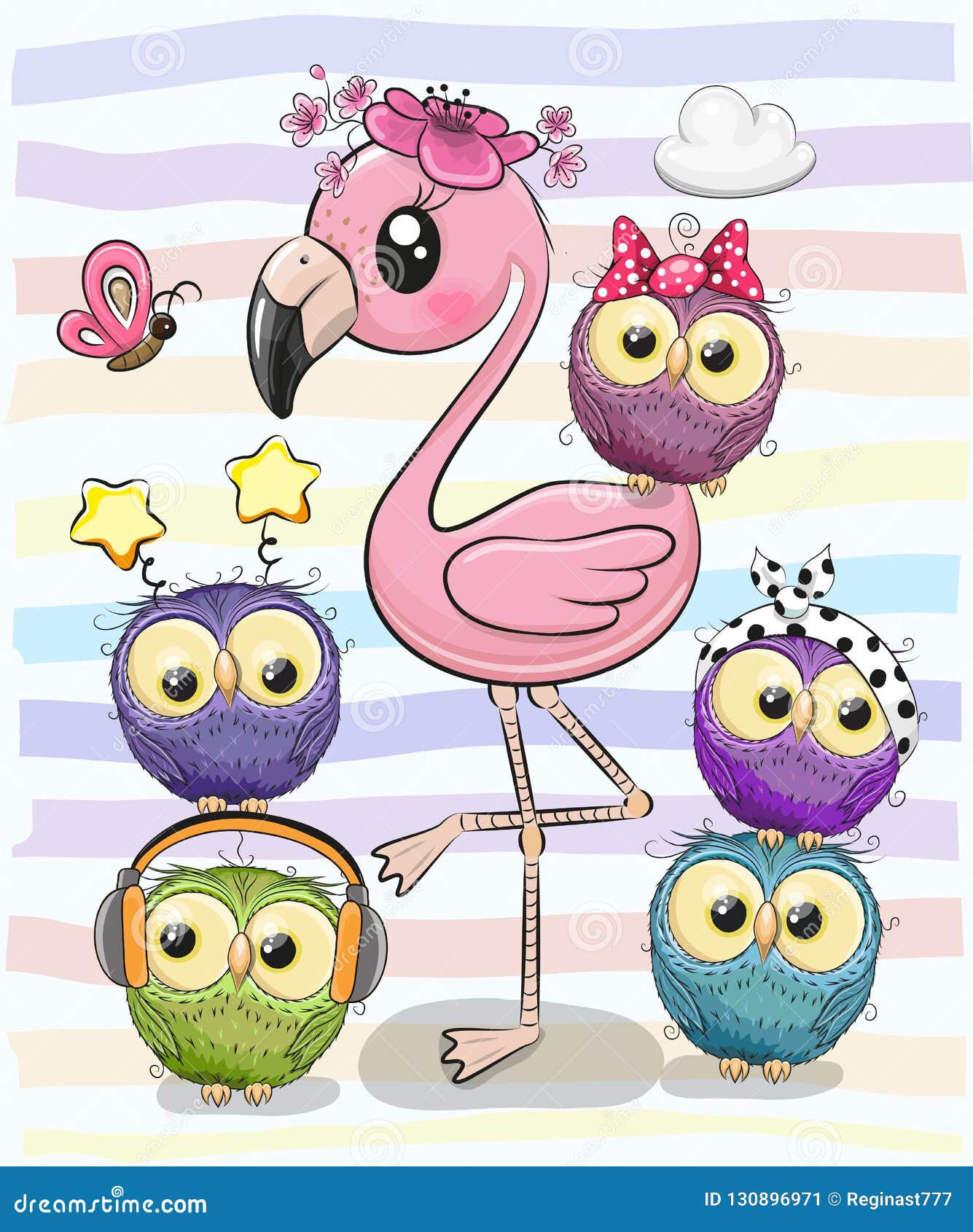 Flamingo Bonito Dos Desenhos Animados E Cinco Corujas Ilustração do ...
