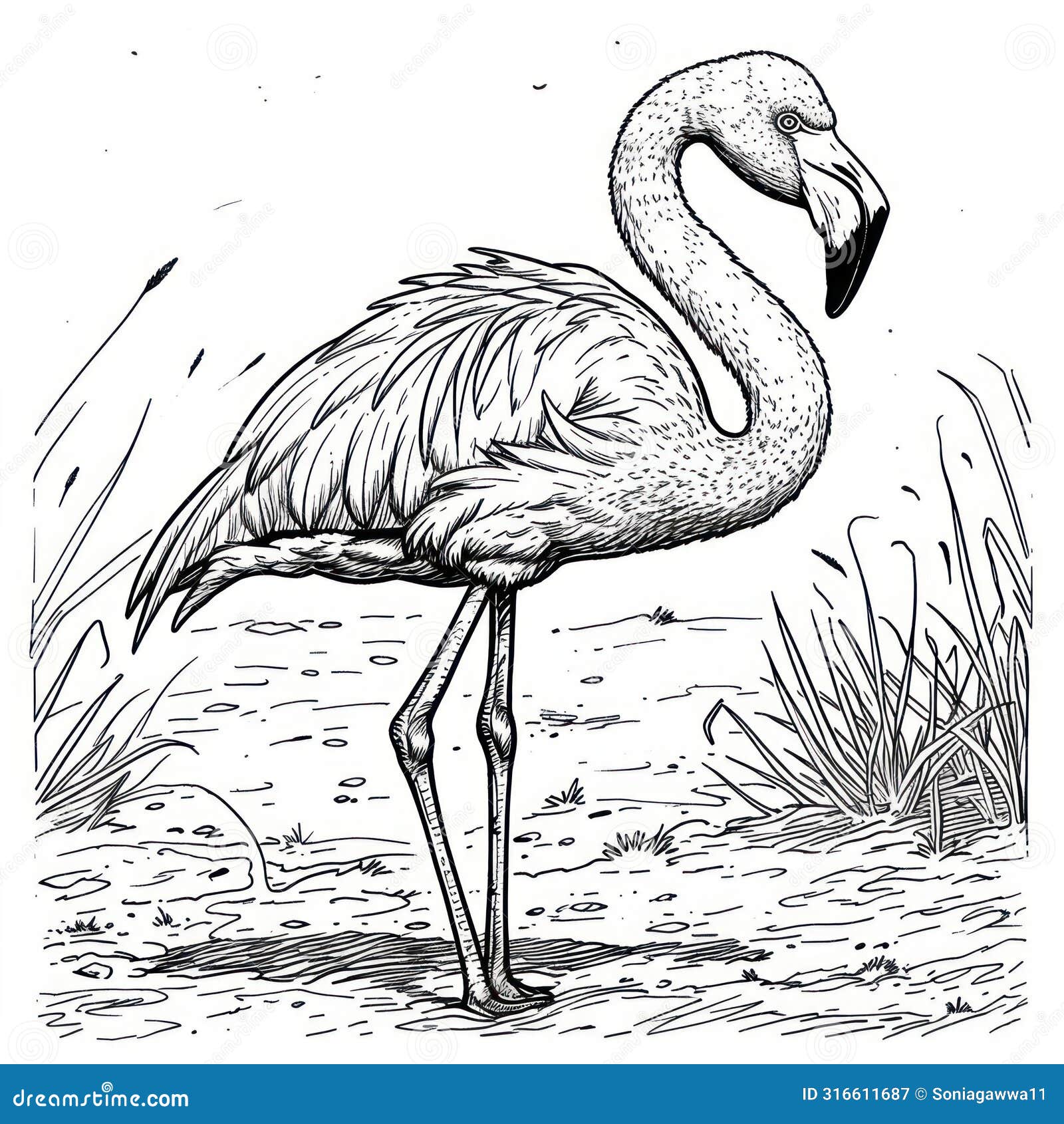 Flamingo Drawing Coloring Book Page Stock Illustration - Illustration ...