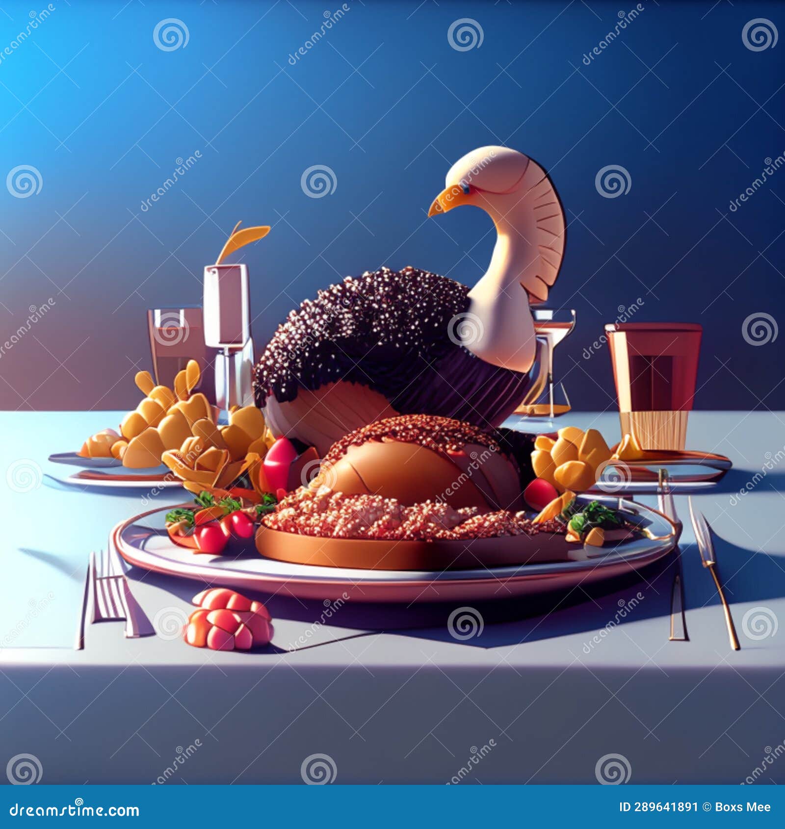 Flamingo and Food on the Table. 3d Rendering Stock Illustration ...