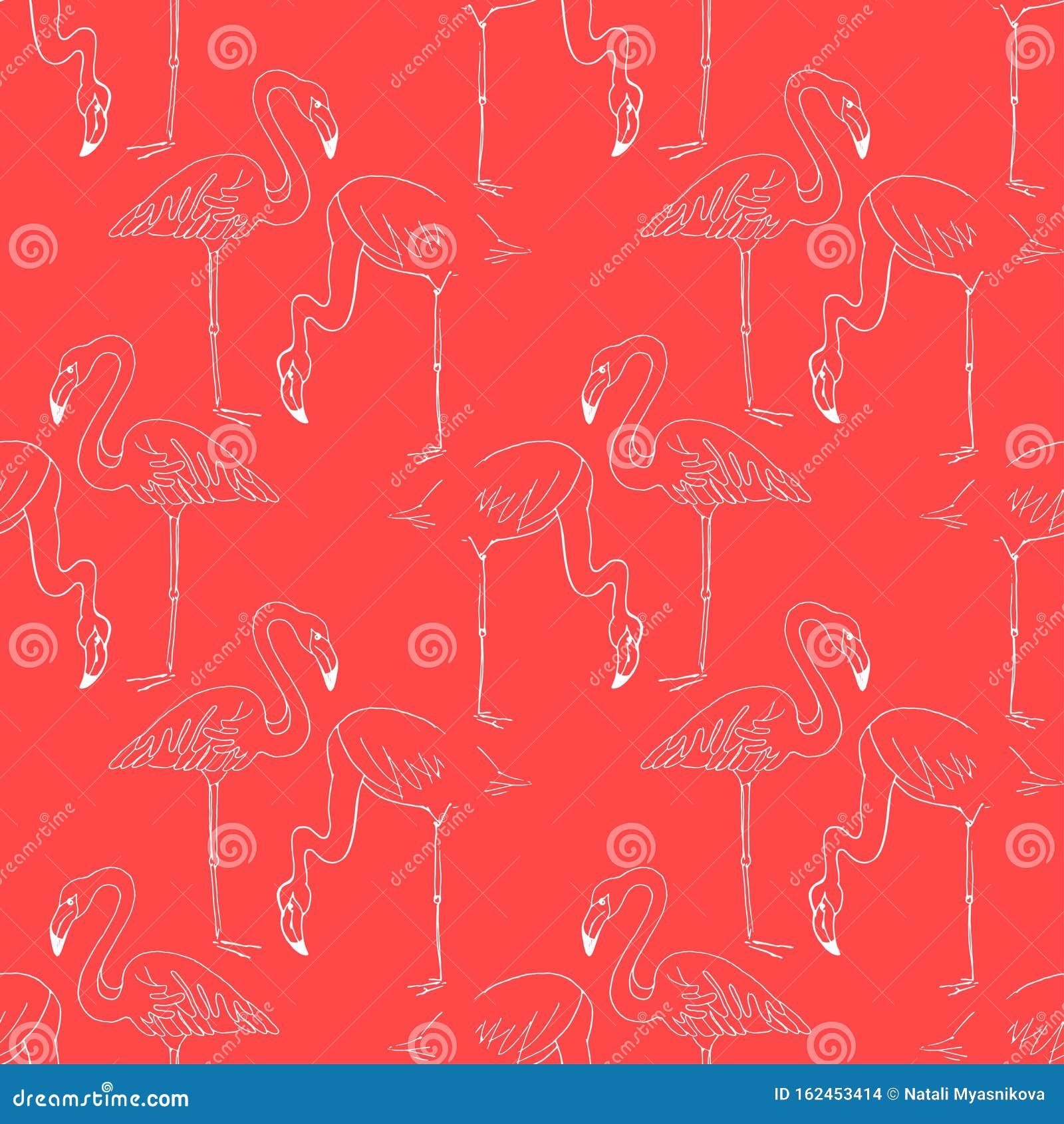 Flamingo Hand Draw Seamless Pattern. Vector Birds Isolated on White ...