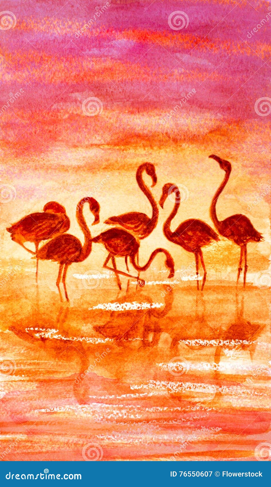 Flamingo on Lake and Sunset Stock Illustration - Illustration of hand ...